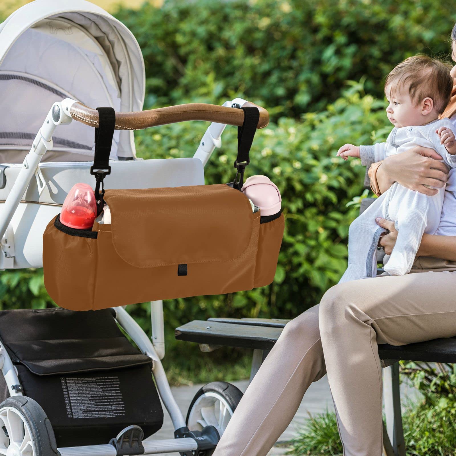 Saddle Brown Baby Stroller Organizer Large Capacity with 2 Cup Holder Adjustable Removable Shoulder Straps Abrasion-Resistant and Durable Fit Nearly Any Stroller