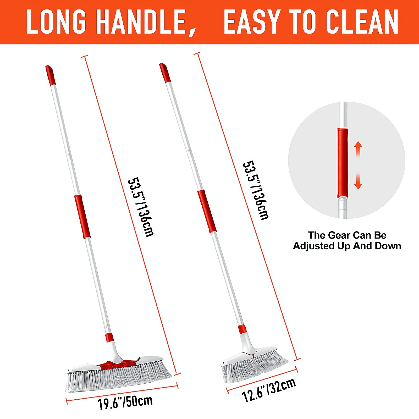 Rebussin® Magic Broom 20 inch - Sweeper with Retractable Head and Thin Bristles for Cleaning Home Kitchen Patio Hall Malls 2023 Upgrades(White with Red)