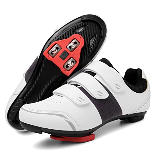 Men's Cycling Shoes Indoor Road Bike Shoes Reflective Hook-Ring Compatible Peloton with Delta Cleats,White,8.5