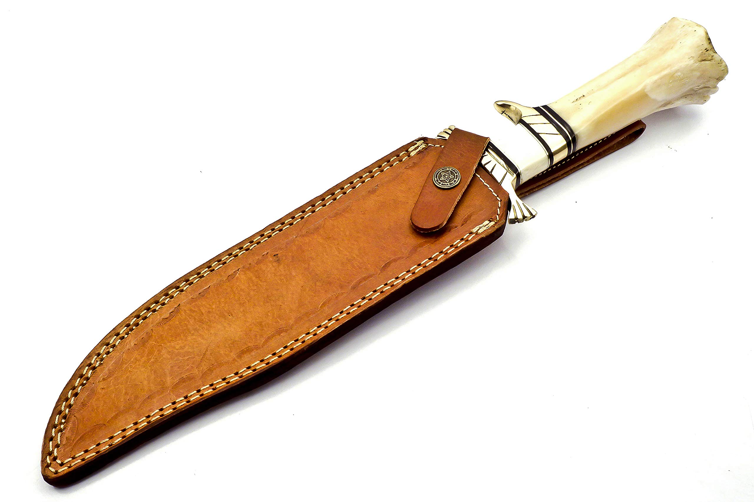 HandSmith™ 15" Handmade Damascus Steel Hunting Knife, Hand Forged Damascus Steel Fixed Blade Bowie Knife, Genuine Leather Sheath, Camel Bone Handle Firm Grip (White)