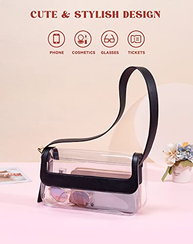 Vorspack Clear Bag Stadium Approved - Cute Clear Purse for Women PVC Clear Stadium Bag for Work Concerts Sports Festivals - Black