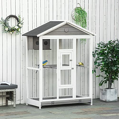 PawHut 64.5" Wooden Bird Cage Aviary, Flight Cage with 4 Perches, Nest and Slide-Out Tray for Indoor/Outdoor, Gray