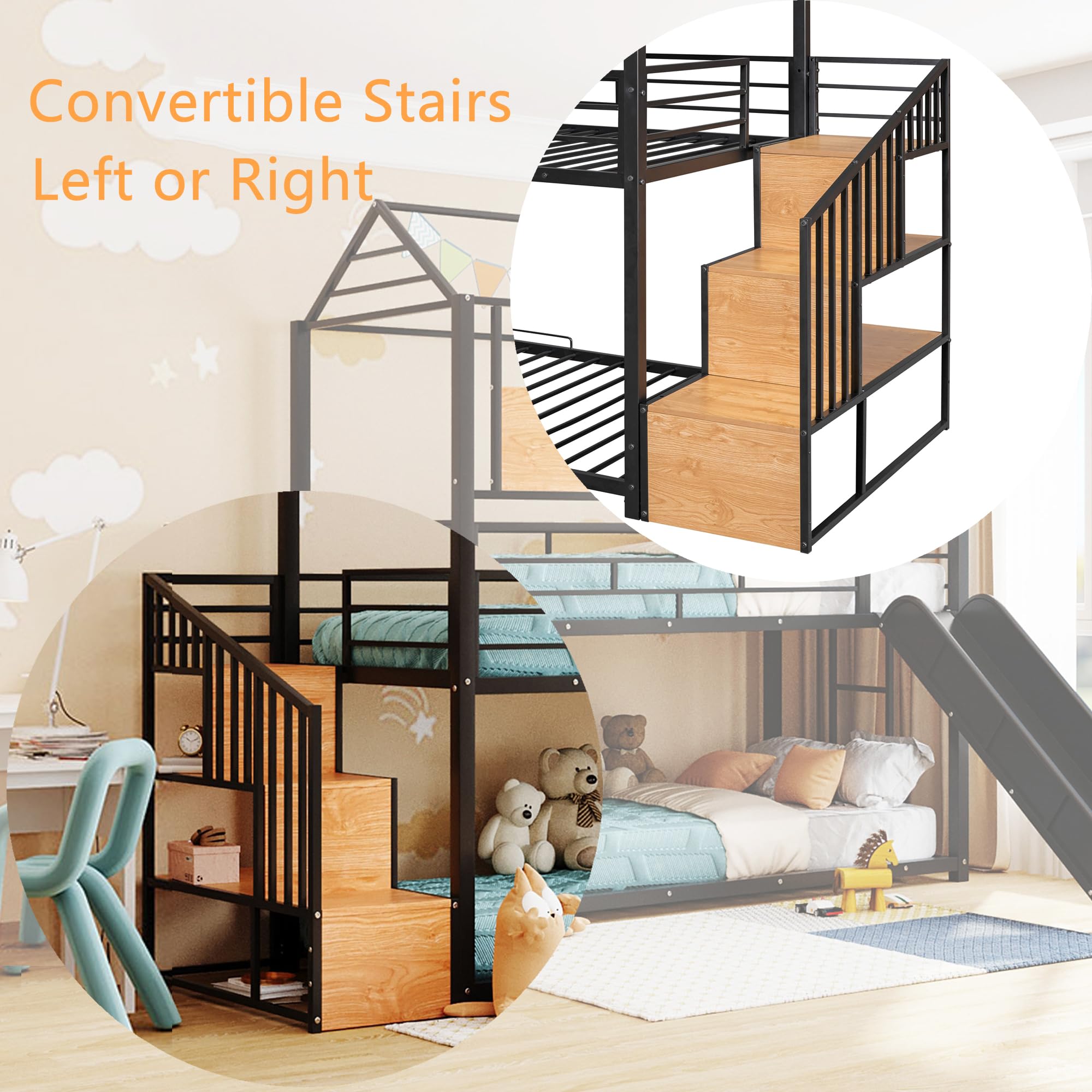 Twin Over Twin Bunk Bed with Slide, House Floor Bunk Bed with Storage Stairs and Shelves, Twin Bunk Beds for Kids, Girls, Boys, Black Bunk Bed Twin Size