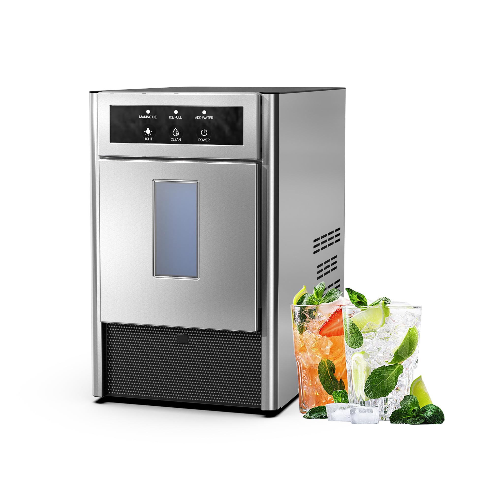 Rosmena Nugget Ice Maker, 40Lbs/24H Countertop Ice Maker, Self-Cleaning Pellet Ice Machine with 4.4 Lbs Basket, Auto Water Refill, Chewable Pebble Ice Maker for Home Kitchen Party, Stainless Steel