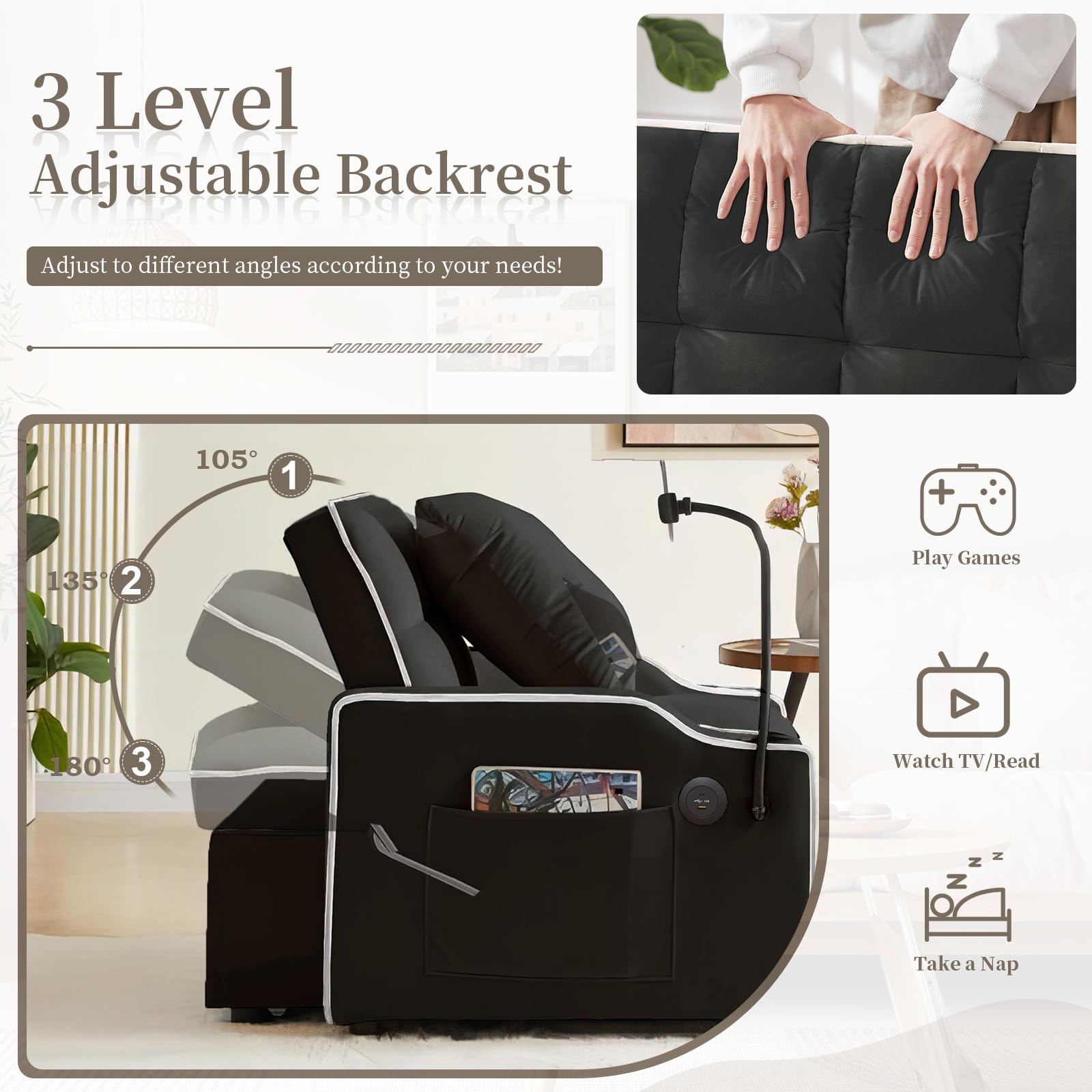 Sleeper Chair Bed,3 in 1 Velvet Convertible Single Pull Out Couch Bed with Phone Holder&USB/Type C Ports,Adjustable Backrest Chaise Lounge Armchair Sofa Bed for Living Room,Office,Small Places(Black)