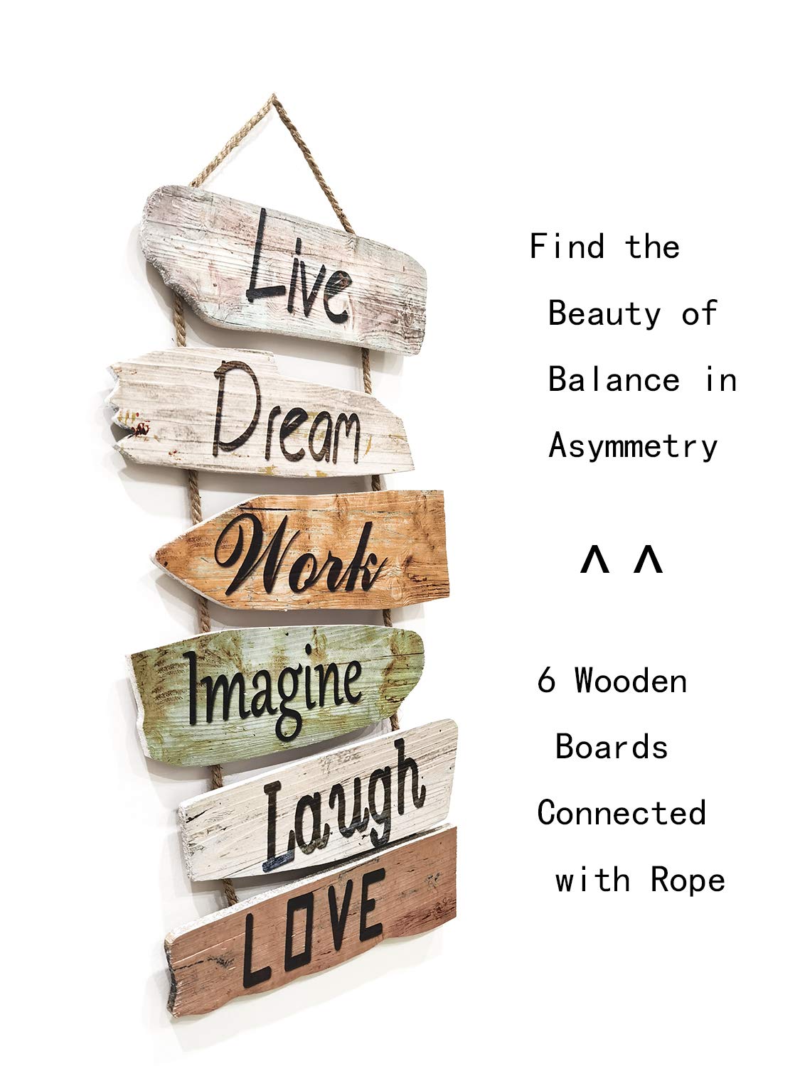 Hanging Wall Sign Rustic Wooden Wall Sign (Live, Dream, Work, Imagine, Laugh, Love) Wood Wall Decoration for Home Decor