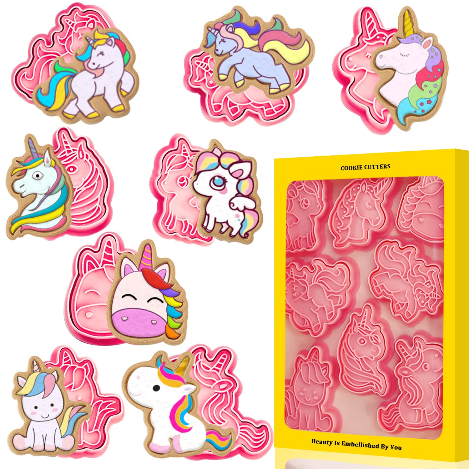 Leesgel Unicorn Party Decorations, 8 Styles Unicorn Cookie Cutters for Kids Birthday Party Supplies Favors, 3D Unicorn Biscuit Fondant Cookie Cutters Shapes for Baking