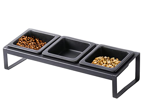 QIRAN Raised Cat Food Bowl,Elevated Cat Bowls with Stand,Ceramic Pet Feeding Bowls for Food and Water,Protect Cat's Spine,Perfect for Cats and Dogs, 12 Ounces*3,Dishwasher Safe,Triple Bowls,Black