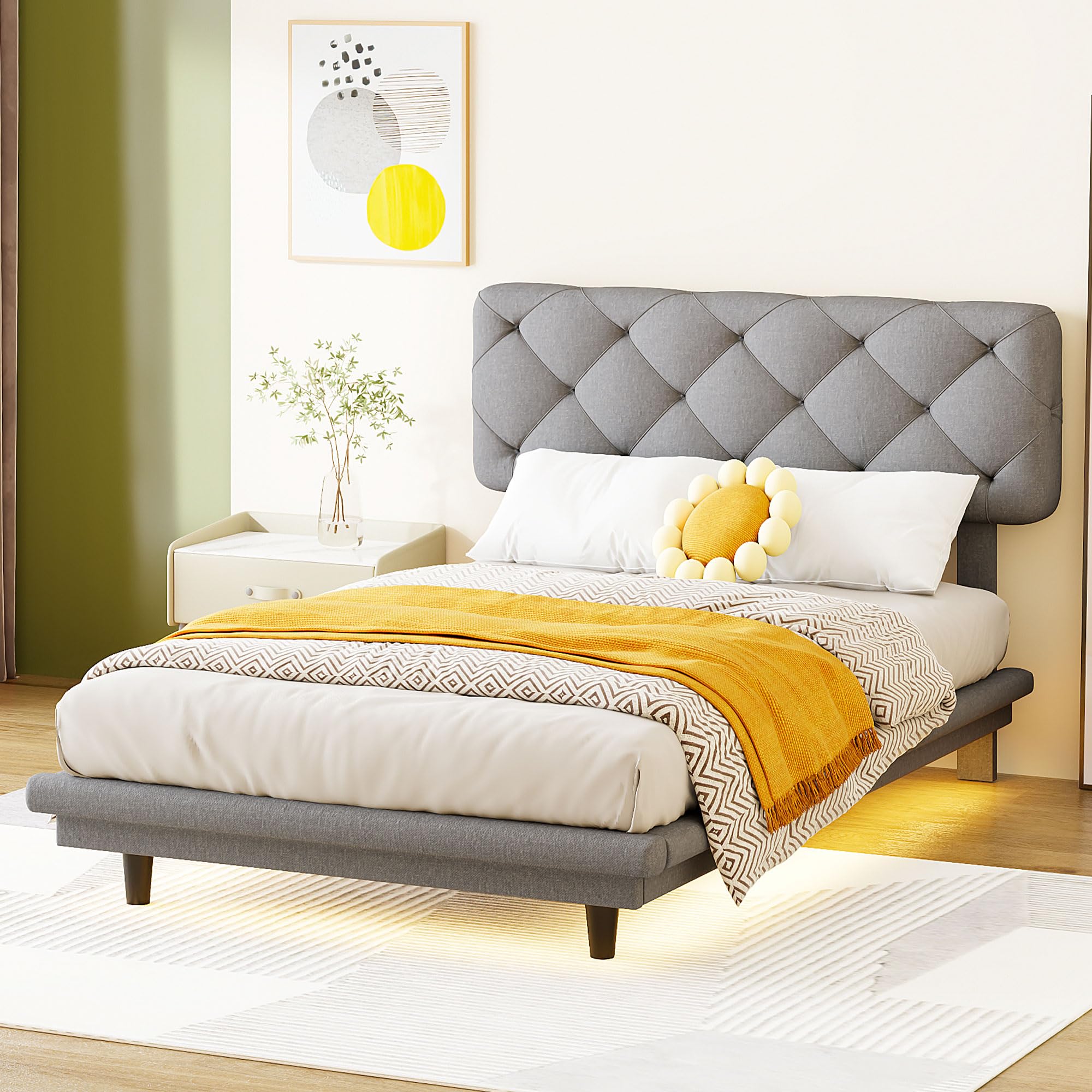 Twin Size Floating Platform Bed, Wooden Bed Frame with Light Stripe, Upholstered Bed with Soft Linen Fabric and Button-Tufted Design Headboard, Twin Platform Bed for Kids Teens Adult Bedroom, Grey.