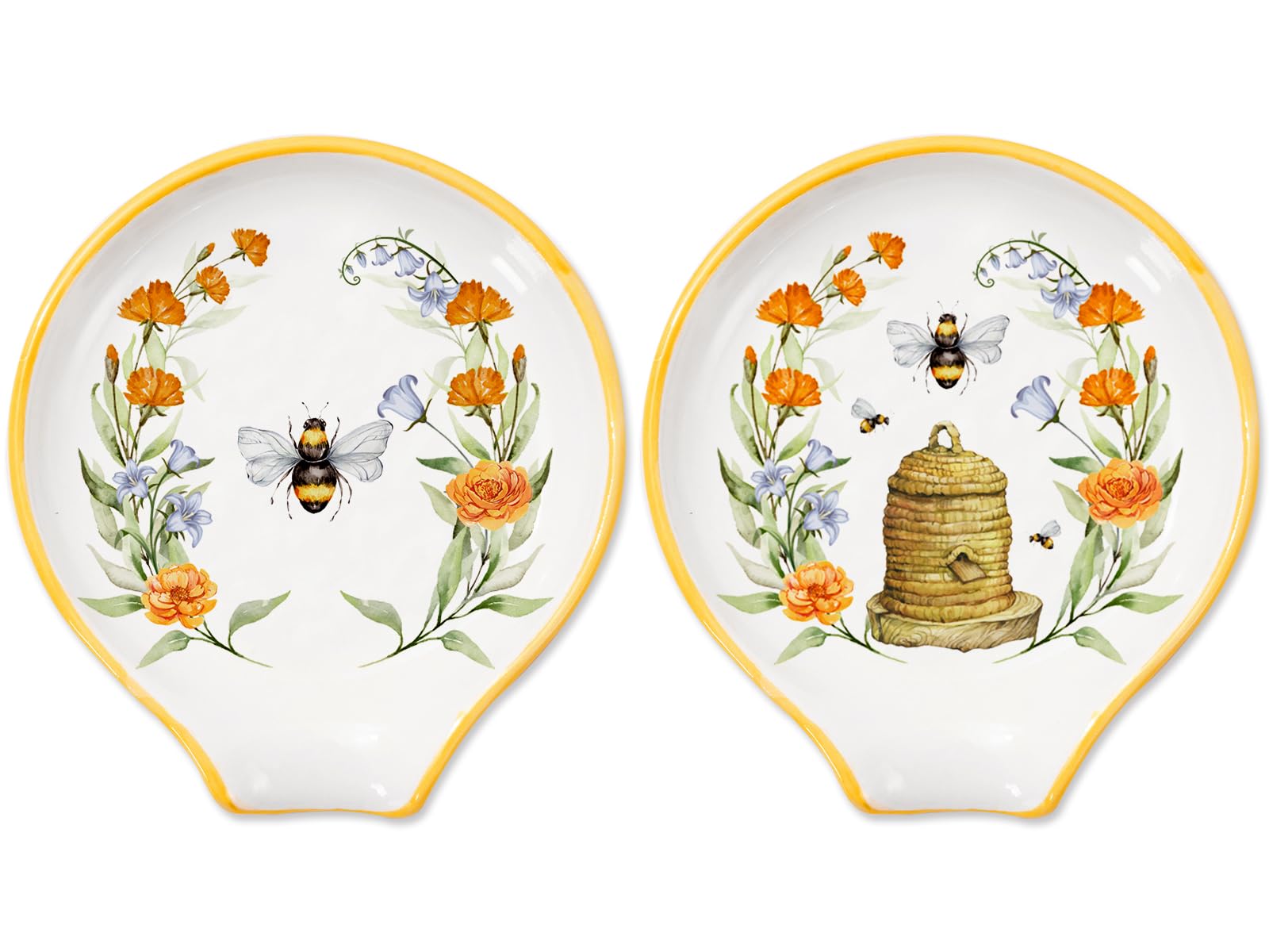Whaline 2Pcs Bee Spoon Rest Vintage Bee Flower Ceramic Spoon Holder Watercolor Bee Day Sauce Dishes Summer Ring Dish for Kitchen Office Summer Bee Day Party Decor
