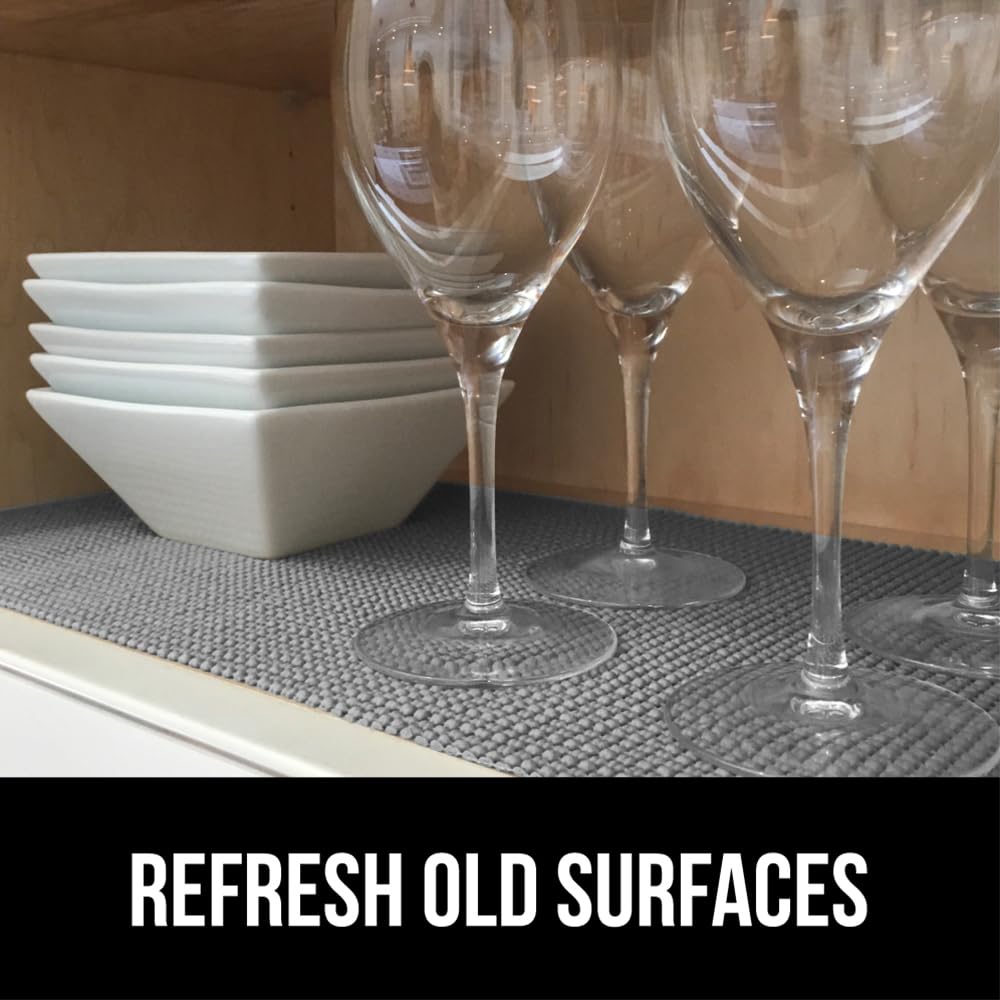Gorilla Grip Drawer Shelf and Cabinet Liner, Thick Strong Grip, Non-Adhesive Liners Protect Kitchen Cabinets and Cupboard, Bathroom Drawers, Easy Install, Breathable Mat, 12" x20', Gray
