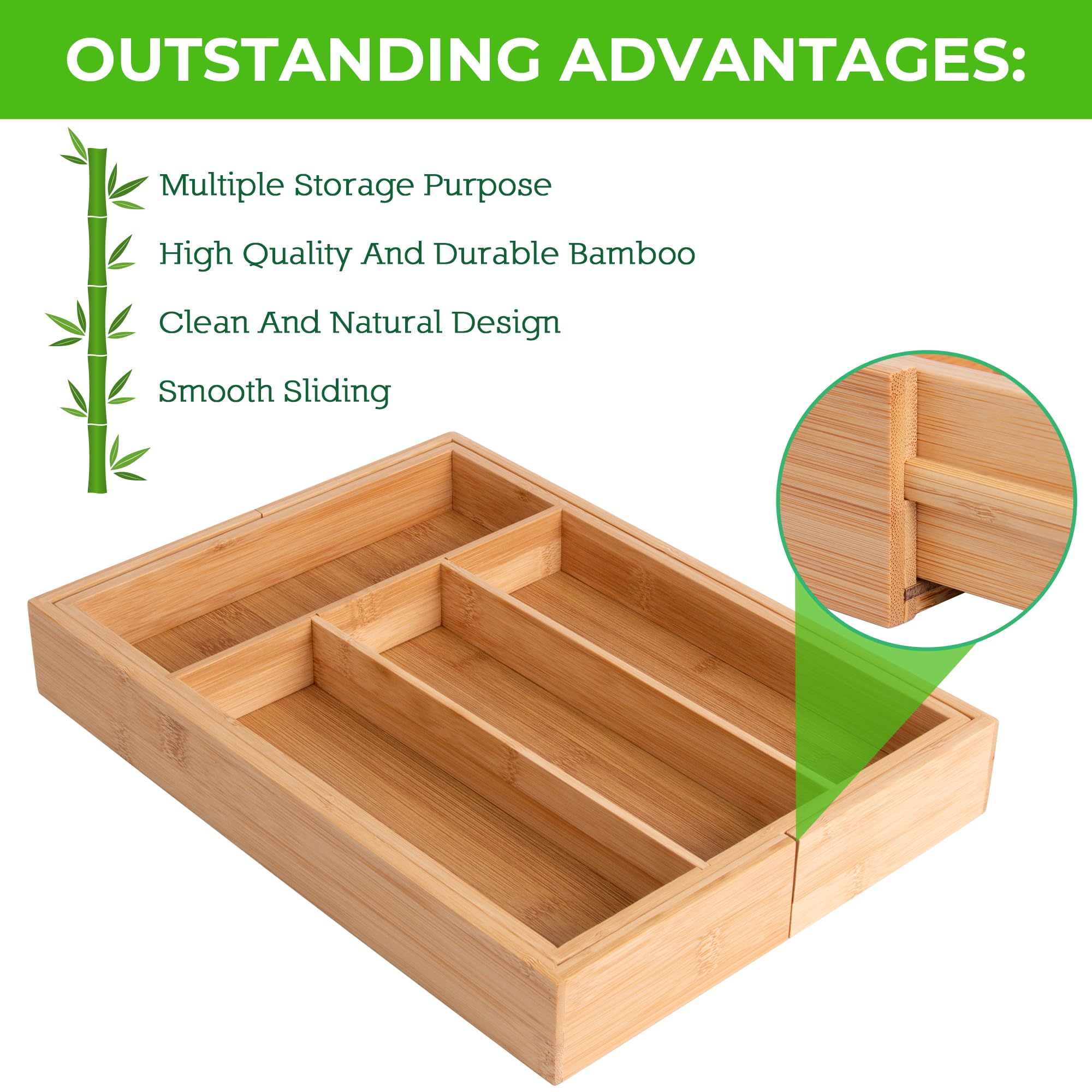 JS HOME Bamboo Expandable Drawer Organizer for Utensils Holder, Adjustable Silverware Organizer and Cutlery Tray, Wood Drawer Dividers Organizer for Silverware, Flatware, Knives in Kitchen