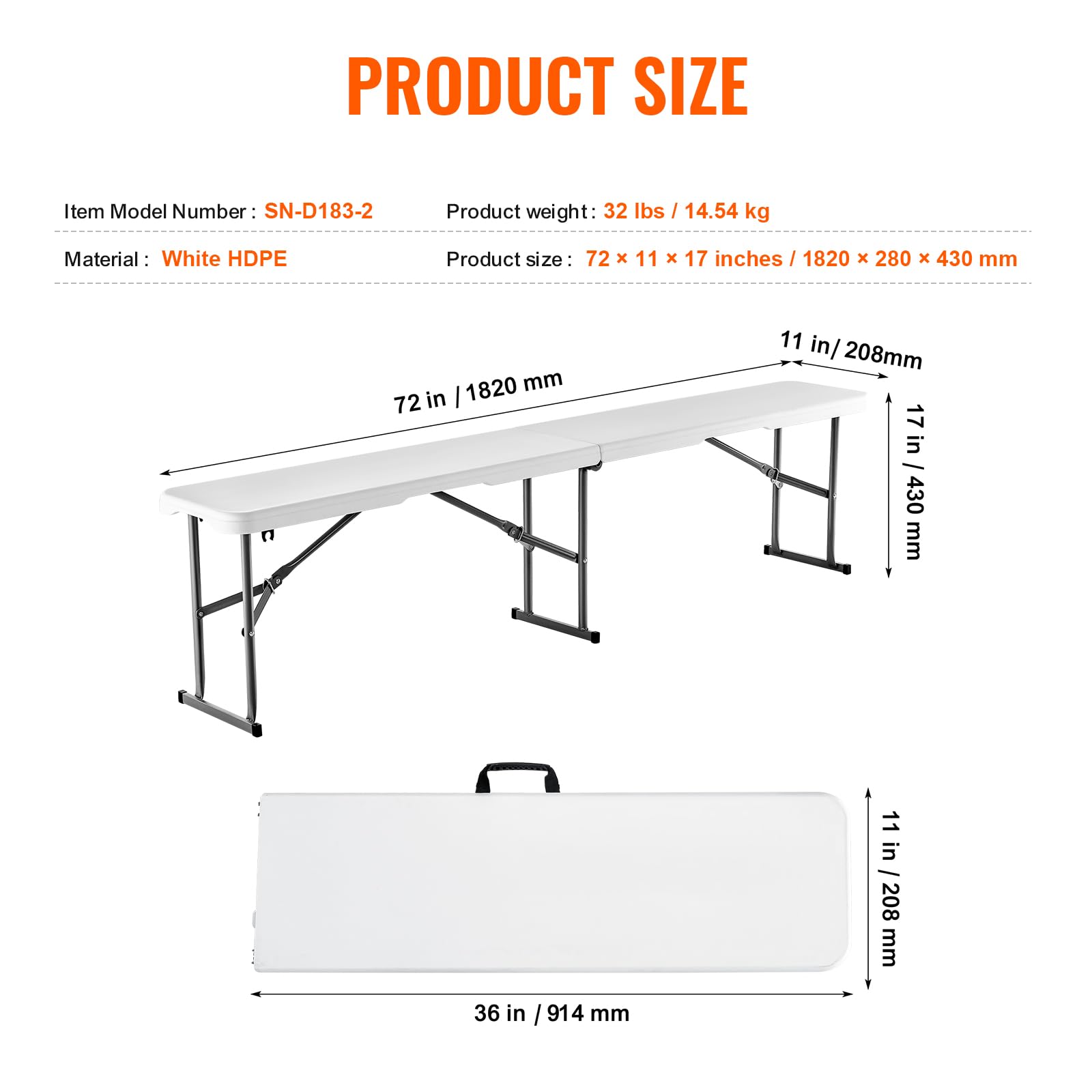 VEVOR Plastic Folding Bench, 6 FT Portable Folding Bench, Smooth HDPE Waterproof Outdoor Bench, Picnic Camping Dining Seat with Carrying Handle, for Garden Soccer Entertaining Activity, White (2 Pack)