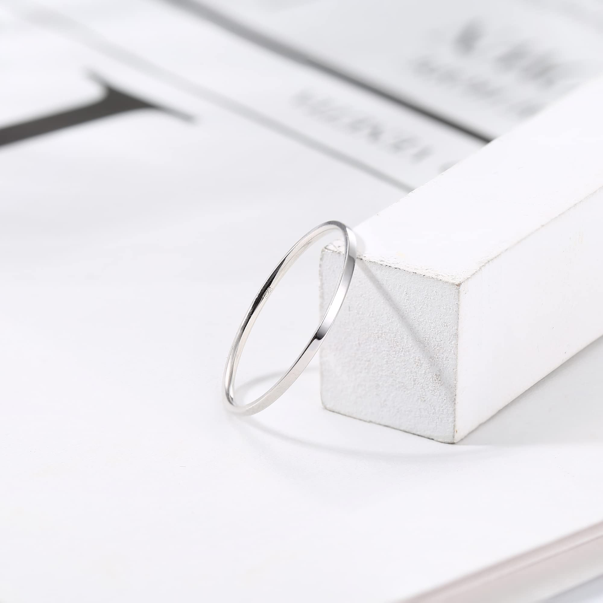 MILACOLATO S925 Sterling Silver Rings for Women Men 18K White Gold Plated Stackable Statement Thin Plain Thumb Ring High Polished Wedding Band Ring Comfort Fit Size 9, 1mm