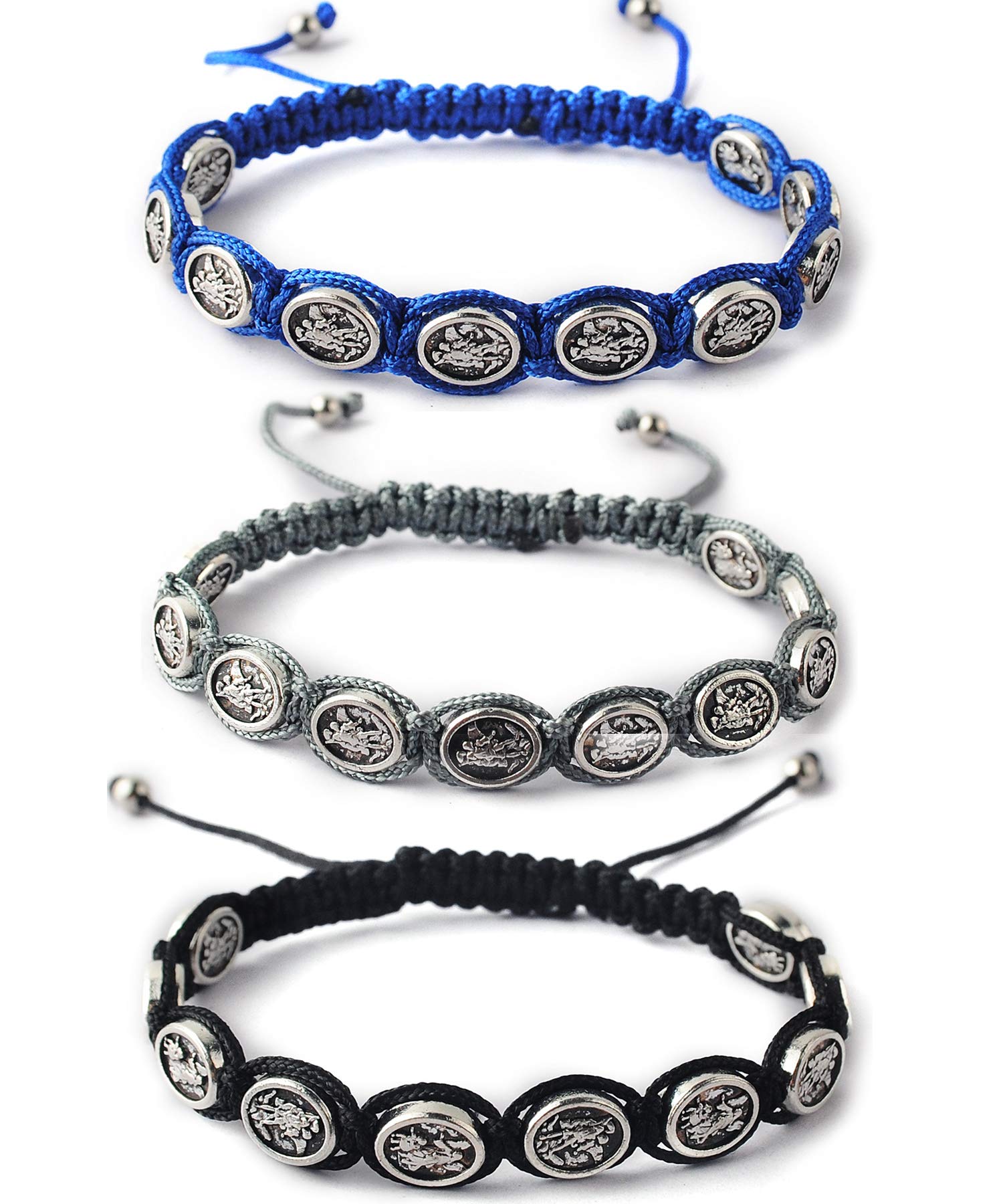 HanlinCC 3 PCS of Black Gray Blue Saint MICHAEL Cord Bracelets for Women Men Evil Protection Medal Rosary Bracelet (St.Michael 3pcs- Black,Gray,Blue)