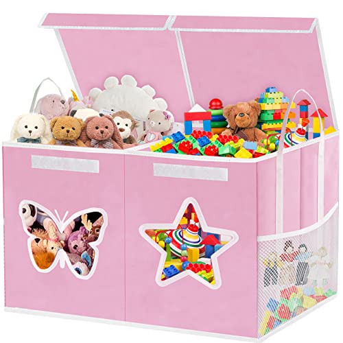 Toy Box for Girls-Large Toy Chest Organizers and Storage with Star Butterfly Transparent Windows,Double Flip-Top Lids,2 Sturdy lengthen Handles and 2 Mesh Bags for Kids,Boys,Nursery,Play Room(Pink)