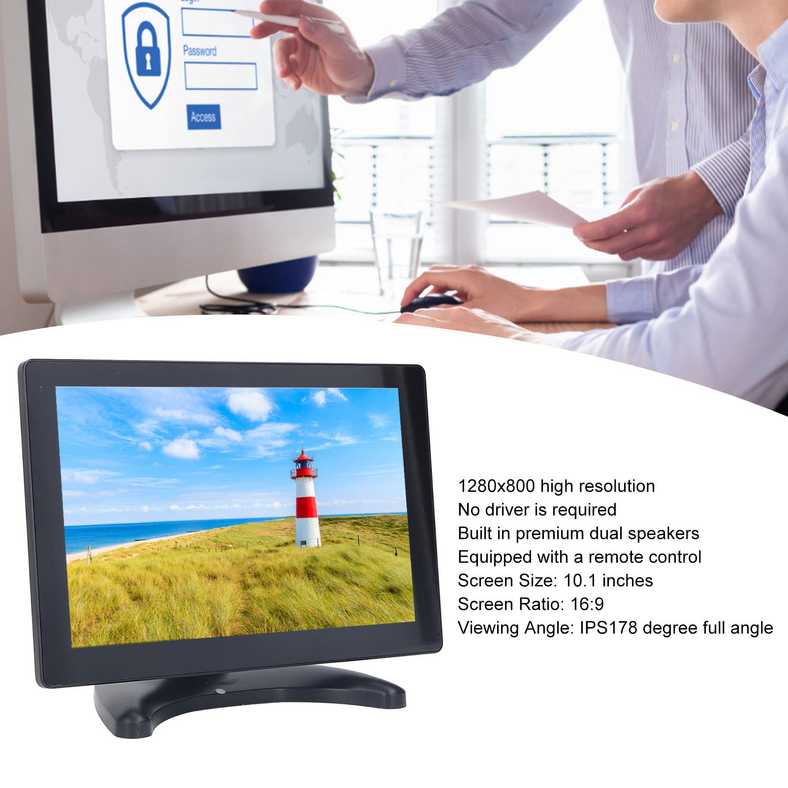 Rosvola Computers Monitor, Portable Monitor 100-240V 10.1in Wide Application with USB Cable for Games (US Plug)