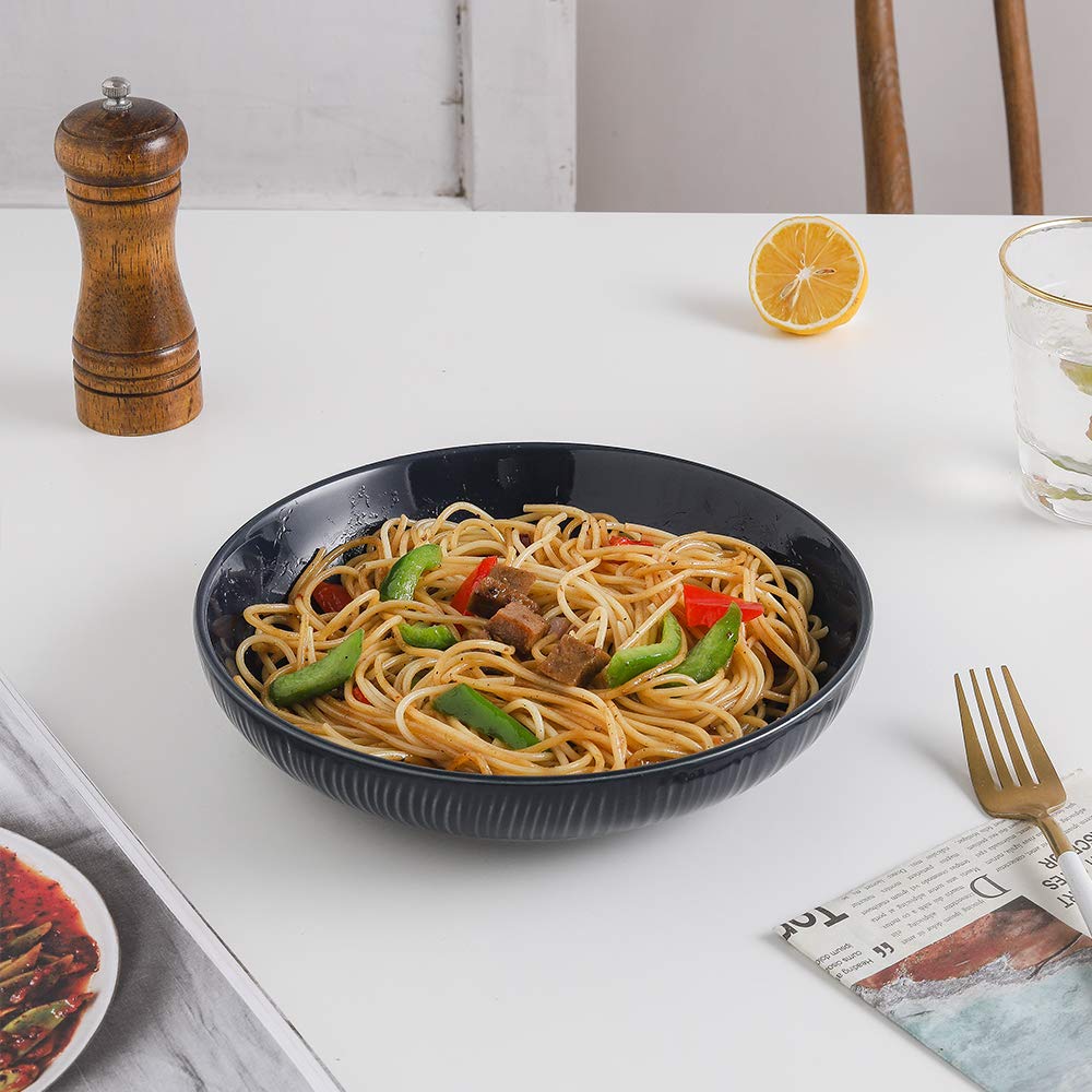 KOOV Ceramic Pasta Bowls Set of 4, 30 OZ Large Salad Bowls Set, Large Bowl For Eating, Pasta Plates, Ceramic Bowls Irregular Striped Series (Aegean)