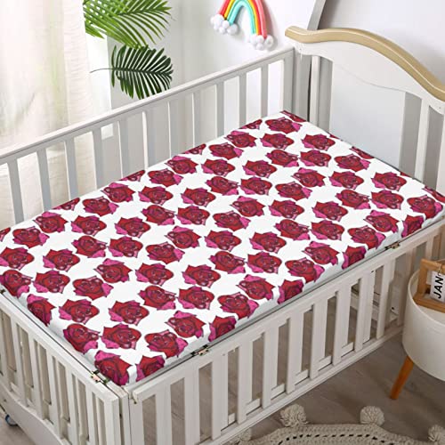 Roses Themed Fitted Mini Crib Sheets,Portable Mini Crib Sheets Soft Toddler Mattress Sheet Fitted-Baby Sheet for Boys Girls,24β x38β,Raspberry Pink Dark Magenta White