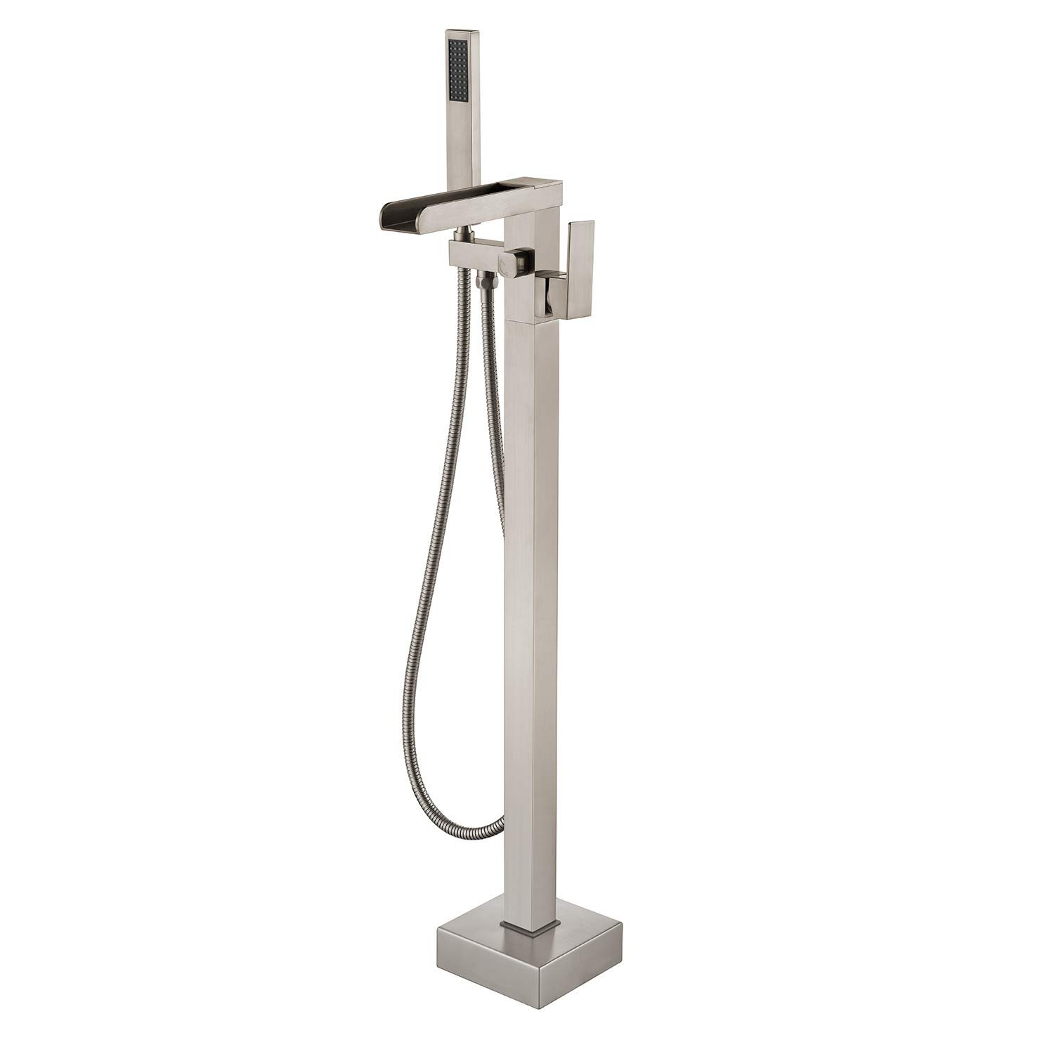 Wowkk Freestanding Bathtub Faucet Waterfall Tub Filler Brushed Nickel Floor Mount Brass Single Handle Bathroom Faucets with Hand Shower