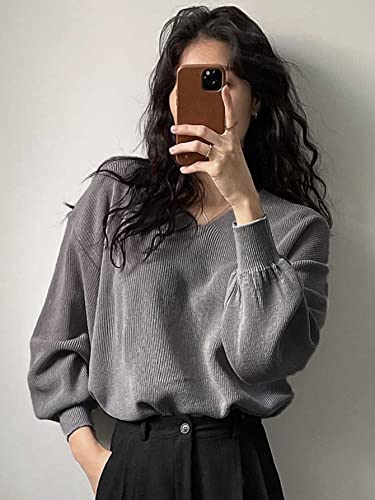 SweatyRocks Women's Lantern Long Sleeve Drop Shoulder Sweater V Neck Ribbed Knit Pullover Top Dark Grey S