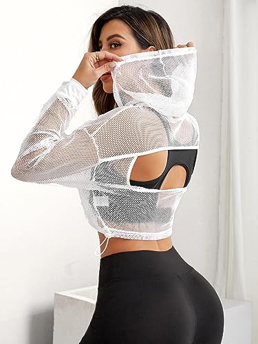 SweatyRocks Women's Activewear Long Sleeve Hollow Out Drawstring Hooded Sweatshirt Sports Crop Top White XL