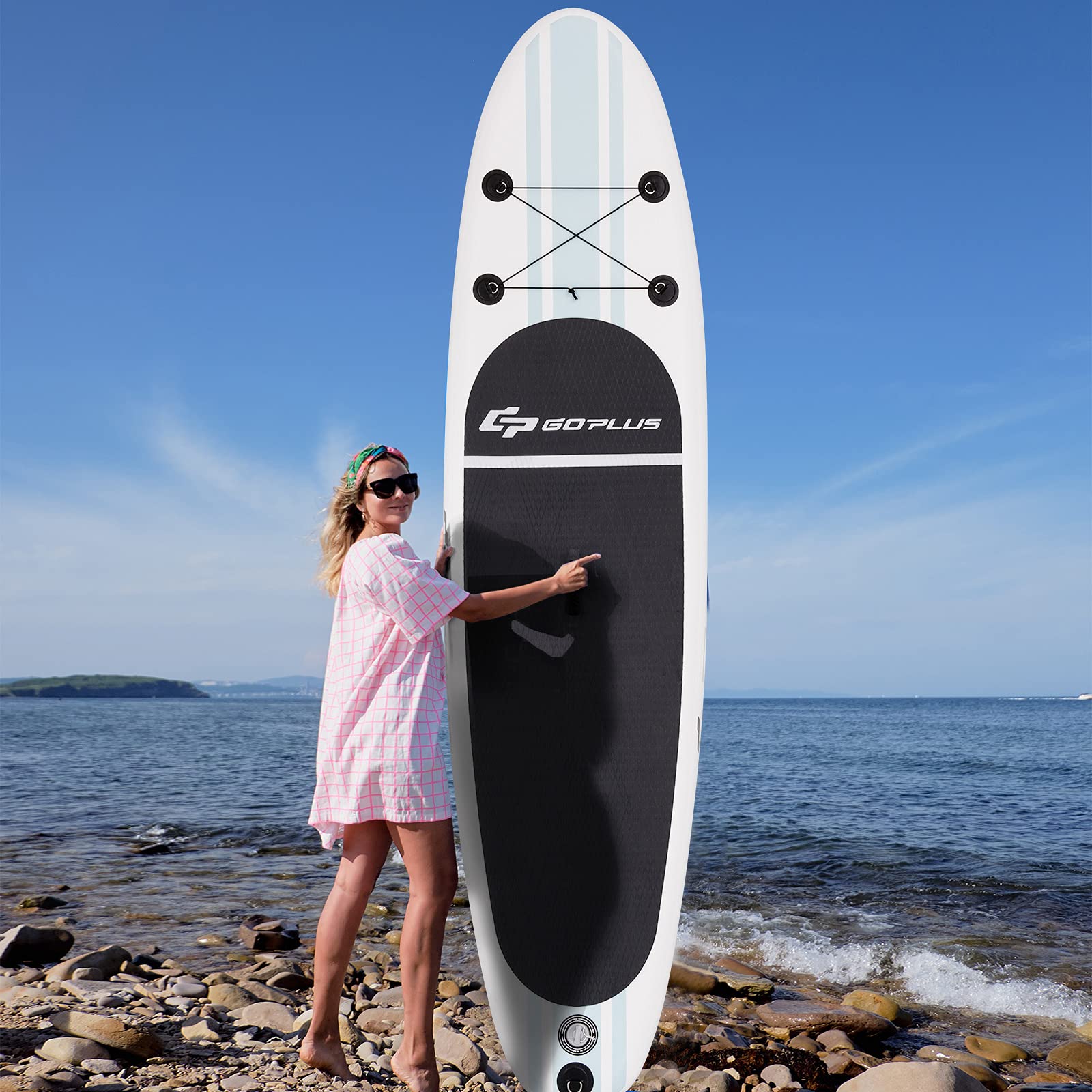 Goplus Inflatable Stand up Paddle Board Surfboard SUP Board with Adjustable Paddle Carry Bag Manual Pump Repair Kit Removable Fin for All Skill Levels, 6" Thick (White, 10')