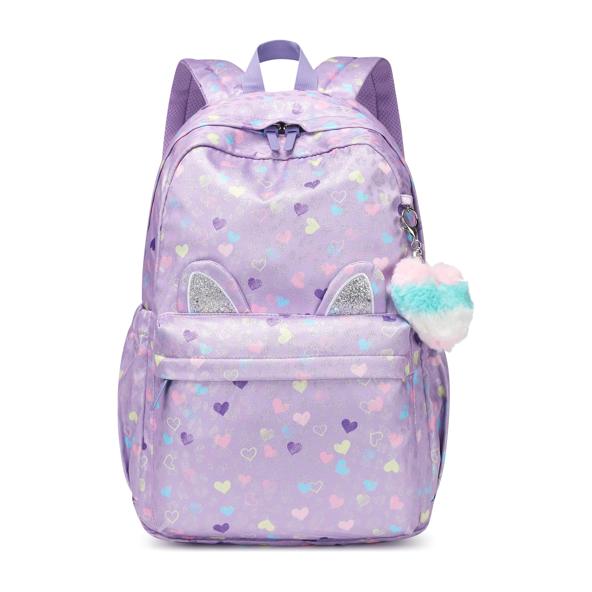 Kids Backpack Girls Light Purple Waterproof Large Space School Backpack Suitable for Age for Over 6 years old Lightweight Travel Cat Ear Heart Keychain Children Backpack(Light Purple Peach Heart)