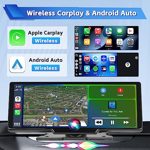 Portable Wireless Apple Carplay Android Auto - 10.26" Car Play Screen for Car, with 1080p Backup Camera, Dash Mount, Support Bluetooth, GPS Navigation, FM Transmitter