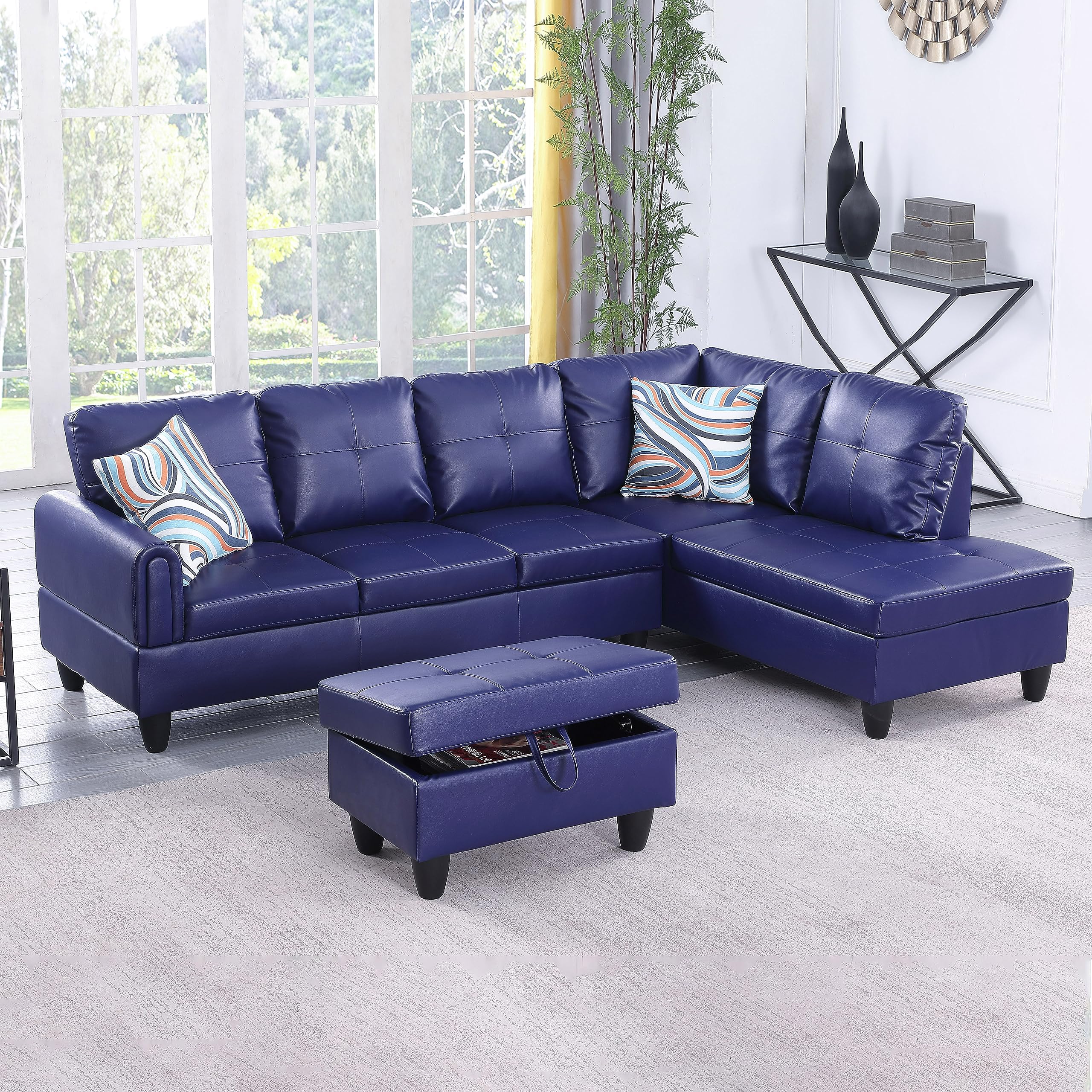 NicBex Couches for Living Room L Shaped Couch Upholstered Futon Sofa Comfy Faux Leather Modular Sofa 3-Piece Sofa Set with Storage Ottoman for Apartments, Living Room and Office, Blue