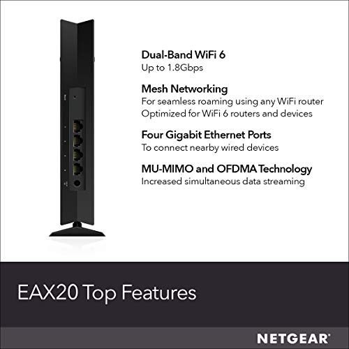 NETGEAR WiFi 6 Mesh Range Extender (EAX20) - Add up to 1,500 sq. ft. and 20+ devices with AX1800 Dual-Band Wireless Signal Booster & Repeater (up to 1.8Gbps speed), plus Smart Roaming