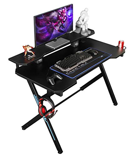 JJS 48" Home Office Gaming Computer Desk with Removable Monitor Stand, R Shaped Large Gamer Workstation PC Table with Cup Holder Headphone Hook Speaker Storage Free Mouse pad, Black