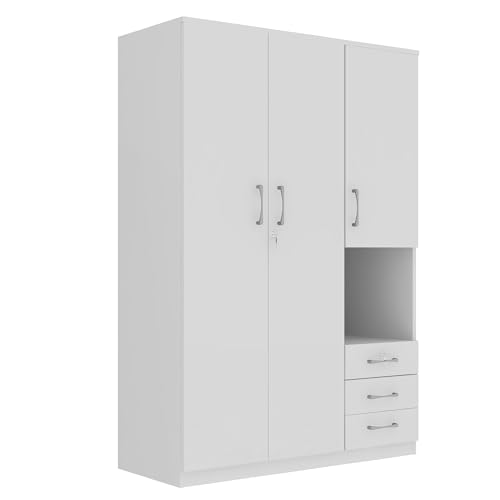 TINIMONI Modern 3-Door Wooden Wardrobe Armoire, Closet Organizer with Shelves, Drawers, and Hanging Rod, Stylish Storage Solution for Bedrooms, White