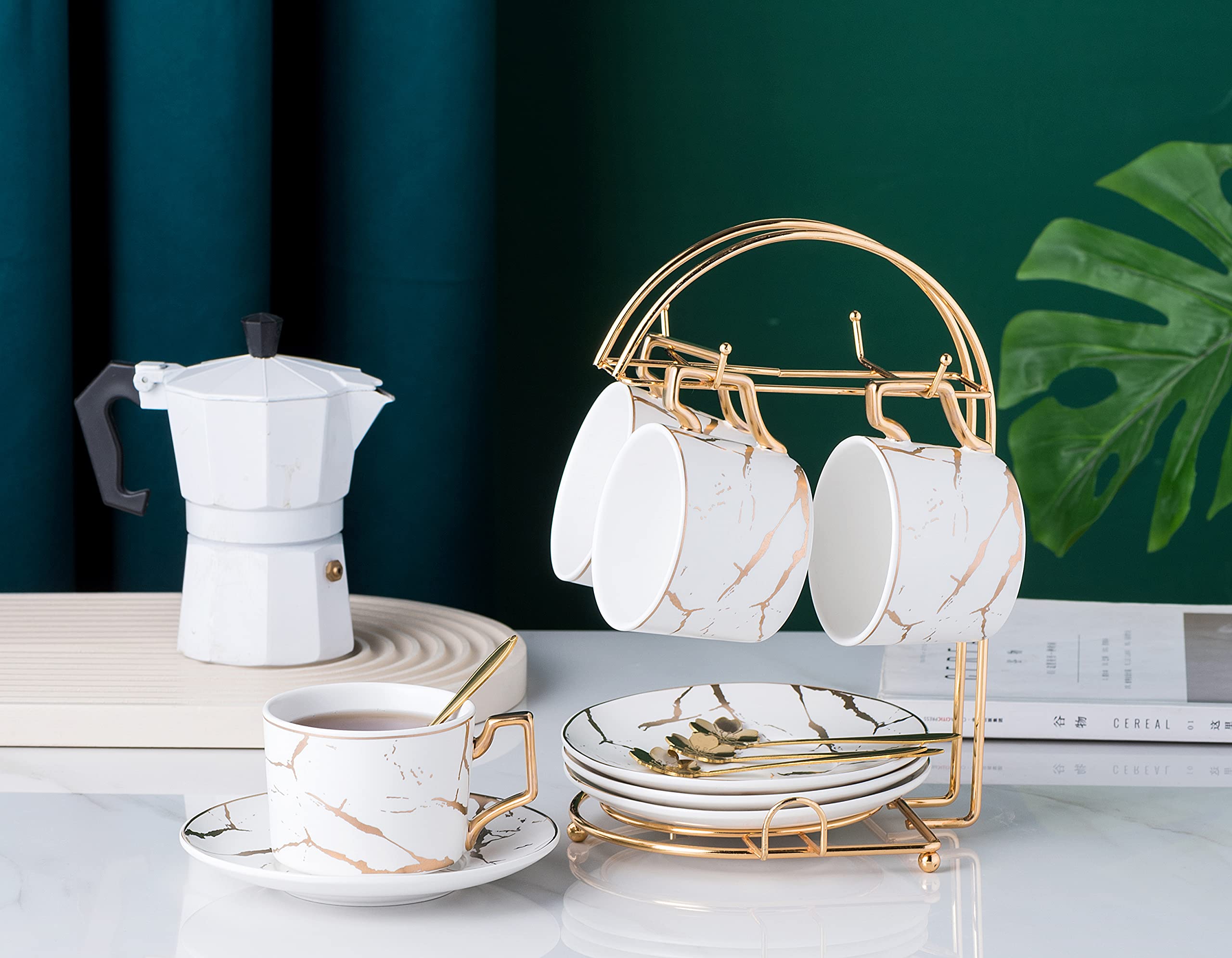Jusalpha Serve of 4- Hand Printed Golden Matte Ceramic Marble Tea Coffee/Tea Cups with Spoons and Cup Holder, 7OZ -TCS26 (White/Gold, Serve of 4)