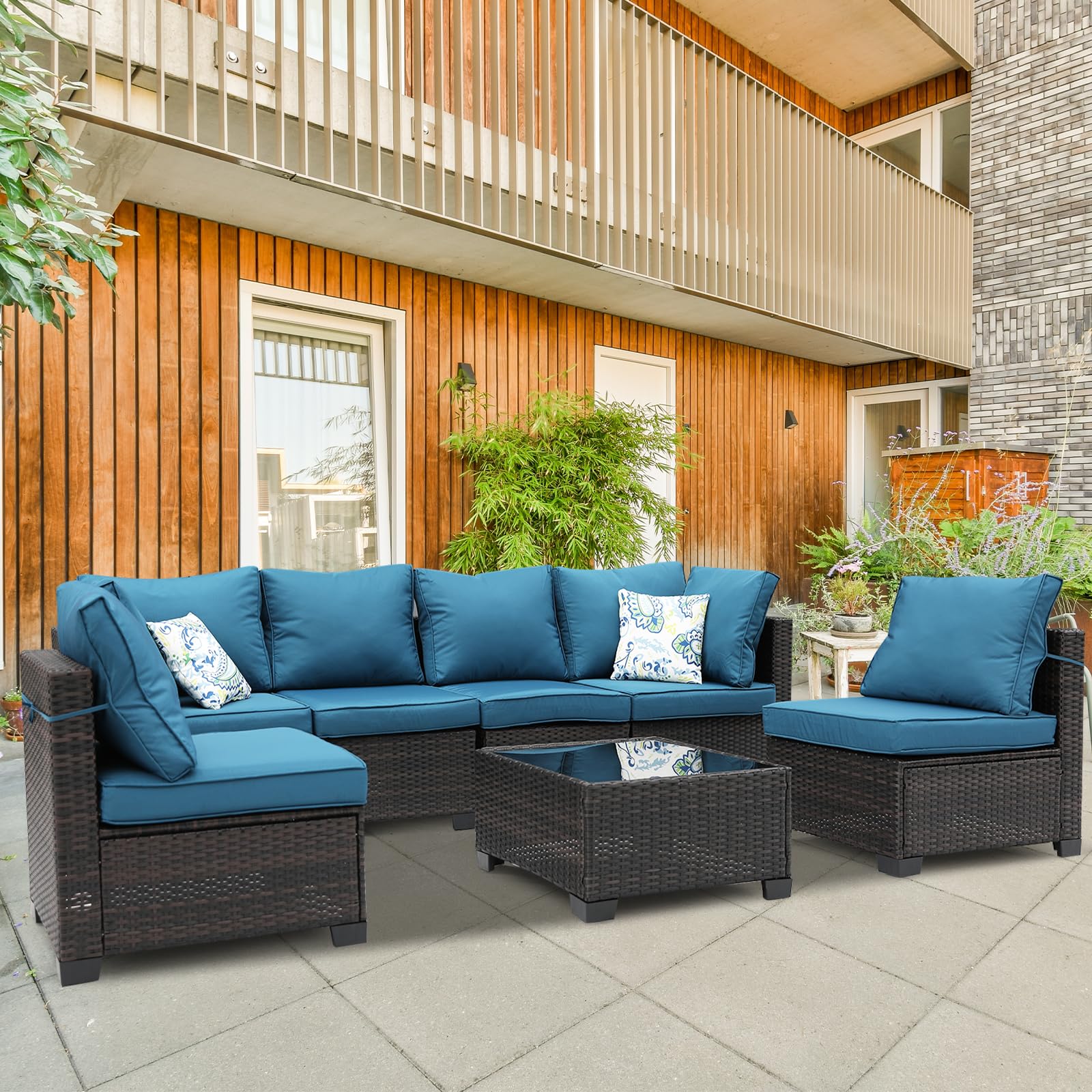 TINKLE WELL 8-Piece Patio Furniture Set with 28" Propane Gas Fire Pit Table – Outdoor Sectional Wicker Sofa Set with Coffee Table for Backyard, Balcony, Garden, and Poolside