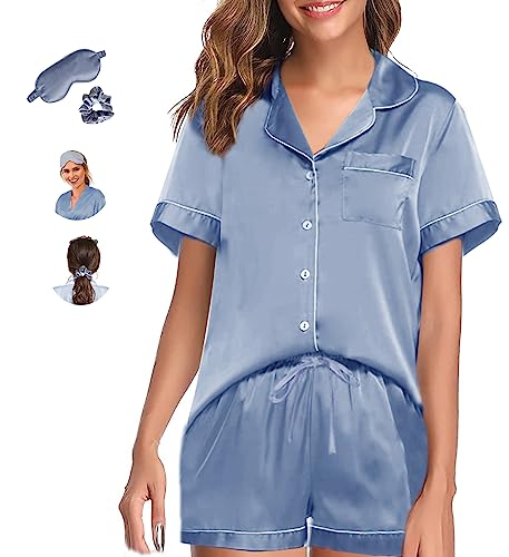 WJing Yi Jia Womens Pajama Sets Silk Satin Pajamas Set Short 2Pcs Pj Sets Button Down Pjs Set Sleepwear Loungewear