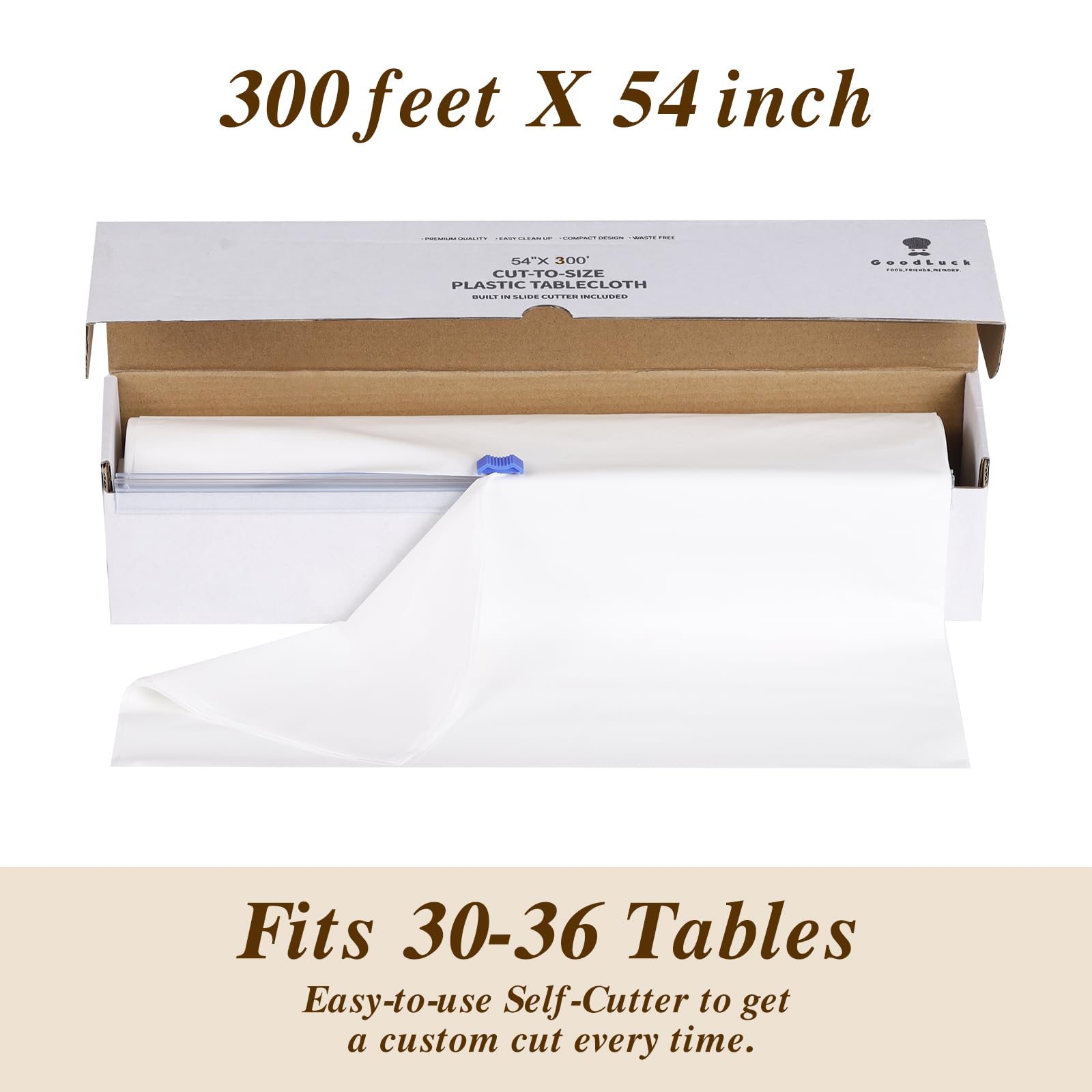 Goodluck 54 Inch X 300 Feet Plastic Table Cloths with Cutter Box, Disposable Table Cloths for Parties, Tablecloth Plastic for Party, Banquet, Wedding, Birthday, Anniversary Decorations, White