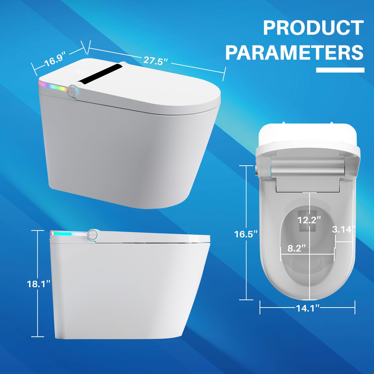 Smart Bidet Toilet with Heated Water/Adjustable Washing Settings/Air Dryer/LED-light, One Piece Bidet-Toilet with Remote Control/Auto Open Cover