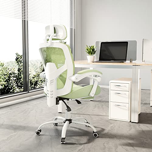 Sweetcrispy Swivel Rolling Padded Armrests Headrest, High Back Lumbar Pillow and Retractable Footrest Ergonomic Home Office, Height Adjustable Reclining Mesh Chair, Green