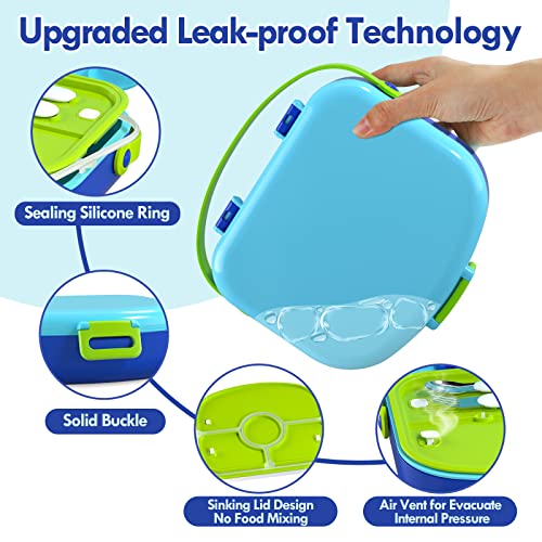 Lehoo Castle Bento Lunch Box for Kids, Large Kids Lunch Box with Cutlery&4 Compartments&Silicone Handle, Leak-proof Portable 1.3L Lunchbox Bento for Kids BPA-free Easy Opened (Blue)