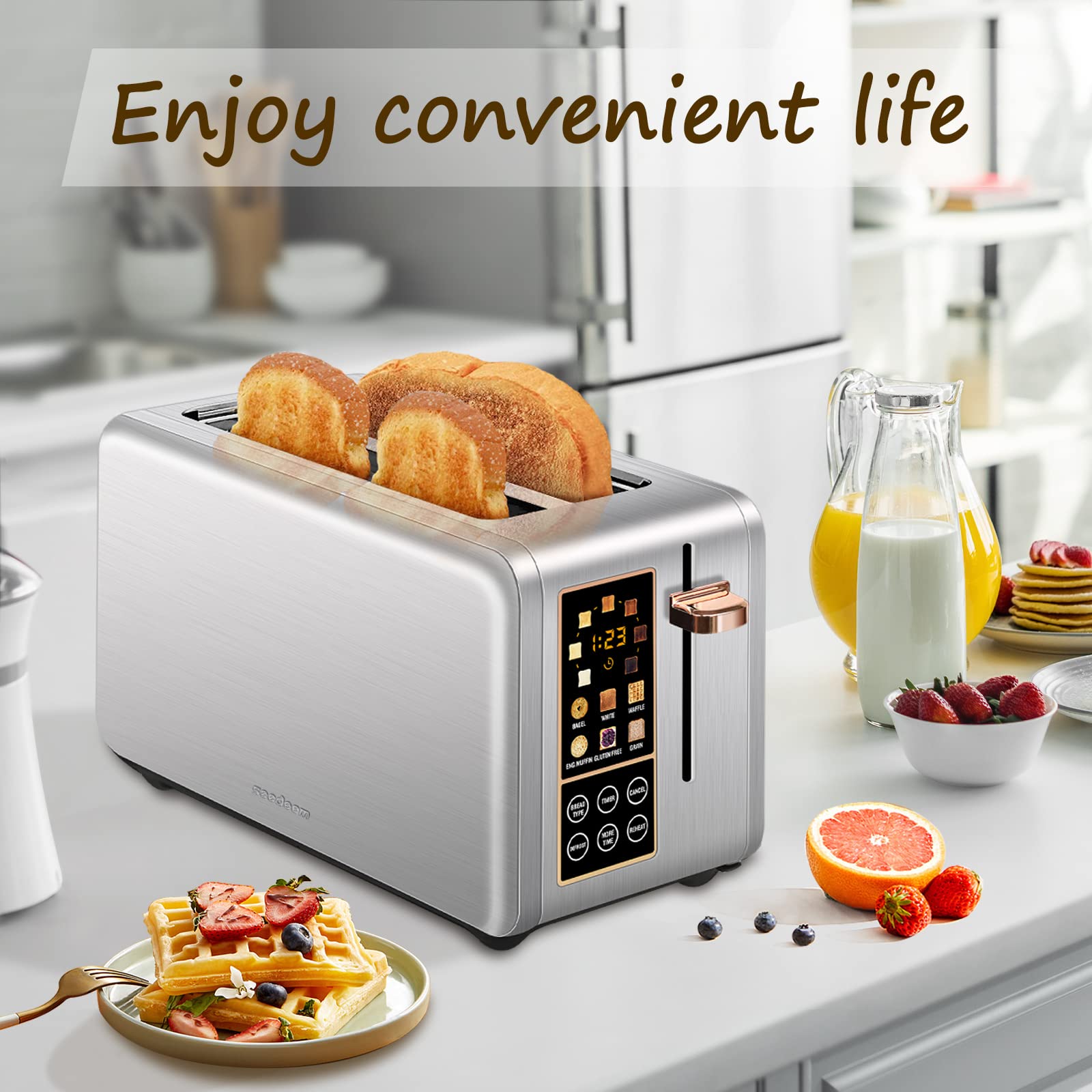 SEEDEEM Toaster 4 Slice, Long Slot Toaster with LCD Display Touch Buttons, 7 Shade Settings, 6 Bread Selection, Stainless Steel Toaster for Bagel, Removable Crumb Tray, 1400W, Silver Metallic