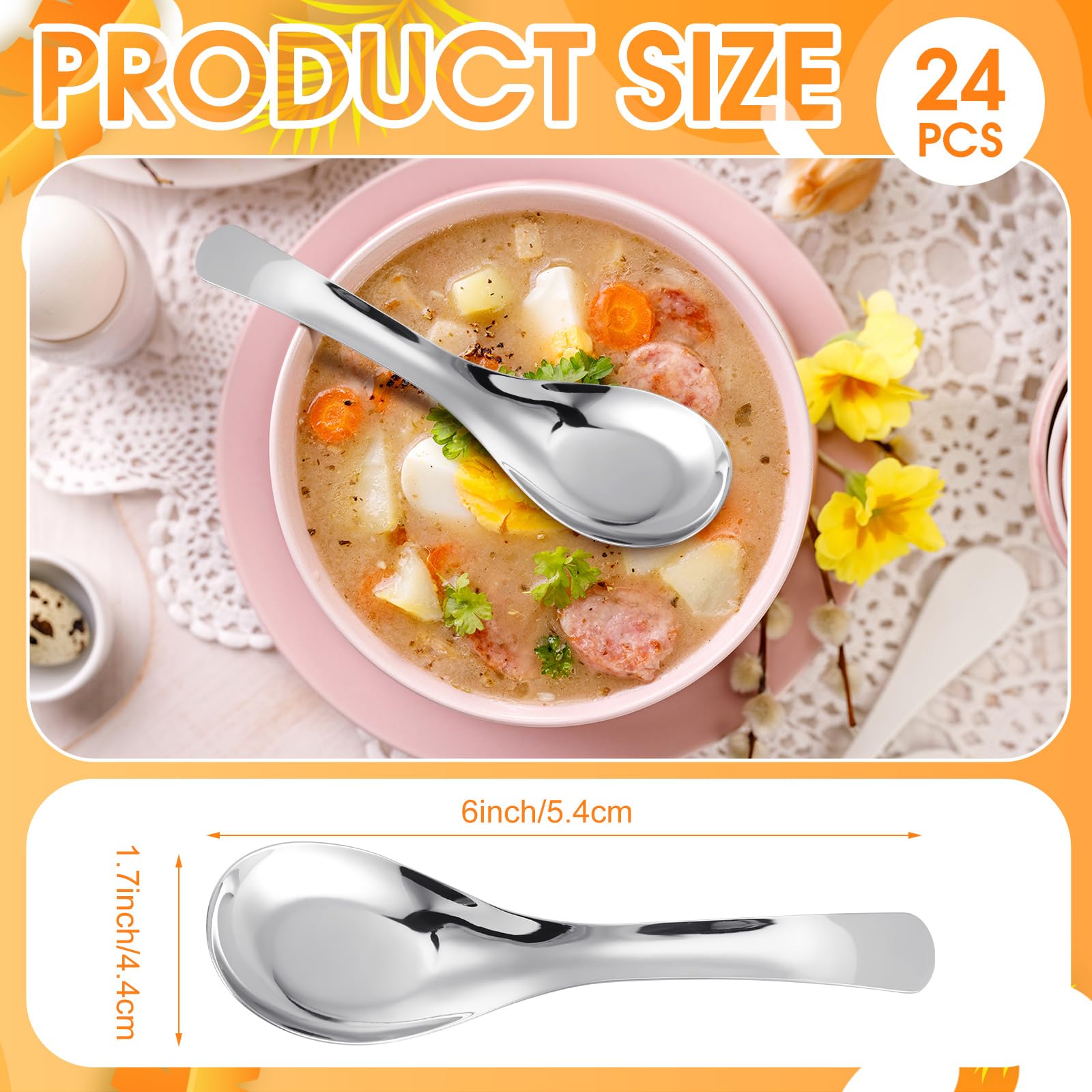 Tioncy 24 Pieces Stainless Steel Soup Spoons Dinner Spoons Set Mirror Polished Asian Soup Spoons for Bouillon Dessert Cereal Ramen Pho Wonton Dumpling Noodles