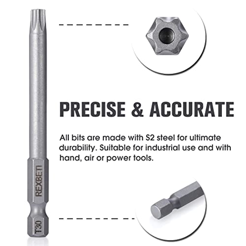 REXBETI 12 Piece Torx Head Screwdriver Bit Set, 1/4 Inch Hex Shank S2 Steel Magnetic 3 Inch Long Drill Bits, T5-T40 (Torx Head)