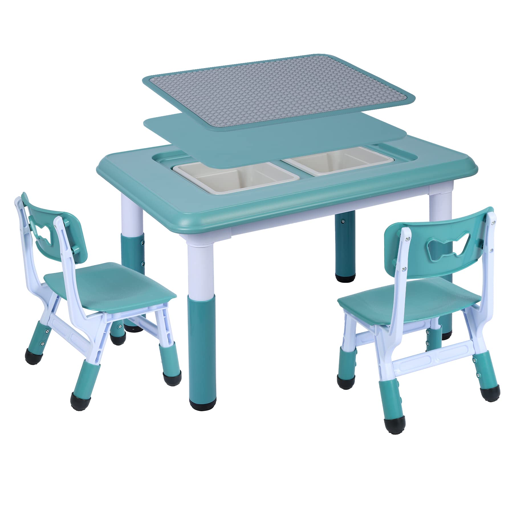RedSwing Kids Table and Chair Set, 3 in 1 Multi Activity Building Block Table with 2 Chairs, Height Adjustable Toddlers Play Table with Storage Bins, Blue
