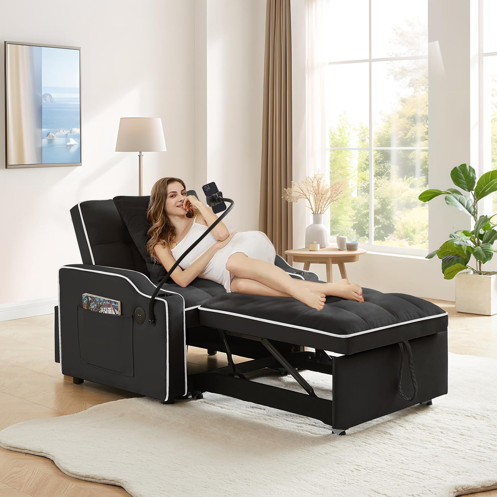 Sleeper Chair Bed,3 in 1 Velvet Convertible Single Pull Out Couch Bed with Phone Holder&USB/Type C Ports,Adjustable Backrest Chaise Lounge Armchair Sofa Bed for Living Room,Office,Small Places(Black)