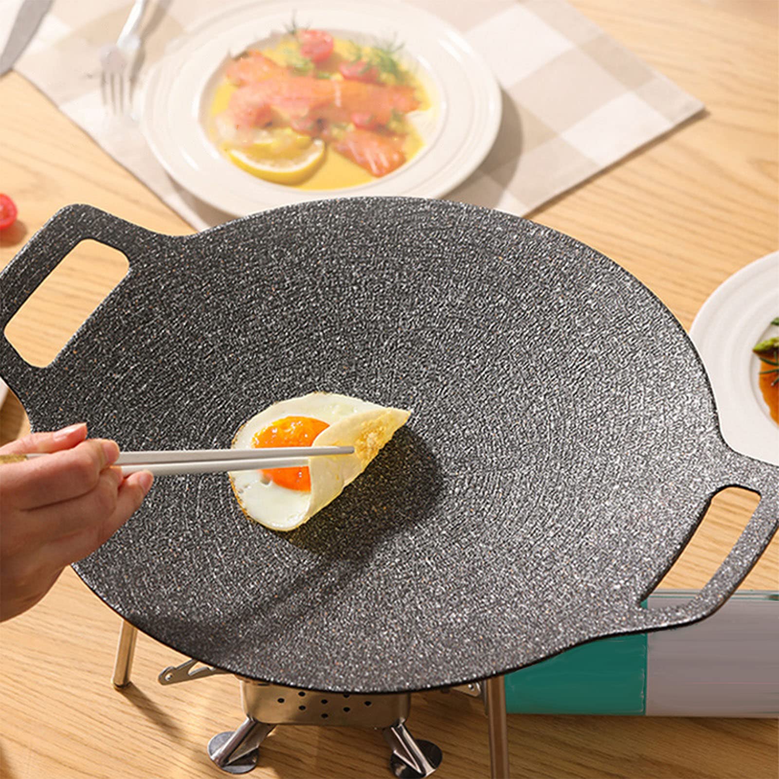 Round BBQ Grill Pan Prevent Stick 6 Layer Coating Handles Medical Stone Barbecue Plate Fast Thermal Conductivity Stable Support for Stove Oven Outdoors (41CM)
