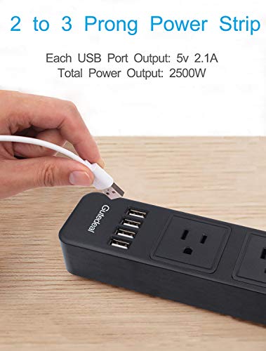 Power Strip 2 Prong, Surge Protector 2 Prong with 3AC Outlets and 4 USB Charging Ports, 6.6ft Long 2 Prong to 3 Prong Extension Cord for Smartphone Home Office Desktop, Black