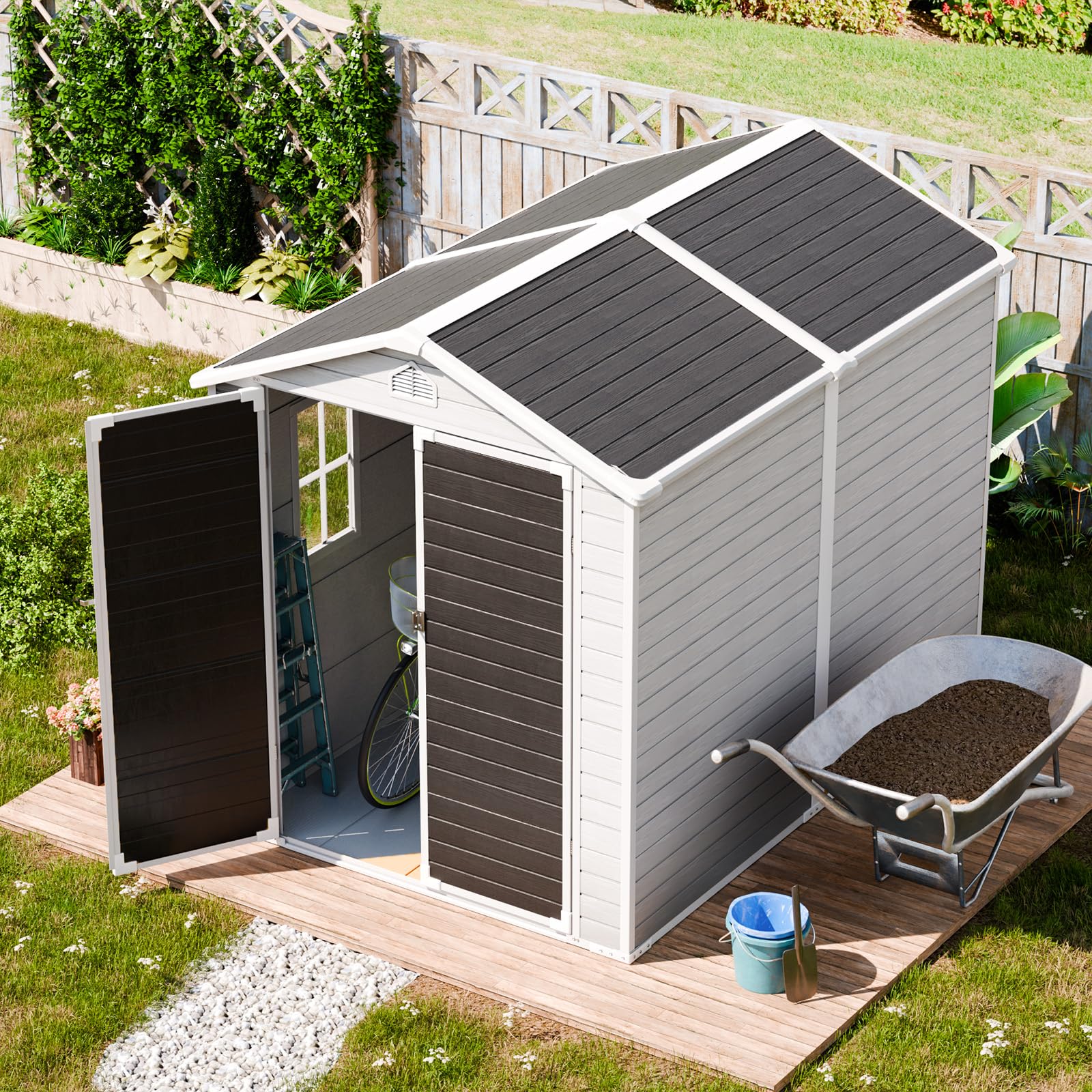 Outdoor Resin Storage Shed 8x6 FT, Plastic Shedswith Floor Window Lockable Door Included, Large Waterproof Outside Sheds Storage for Backyard Garden Patio Lawn Tools, Gray