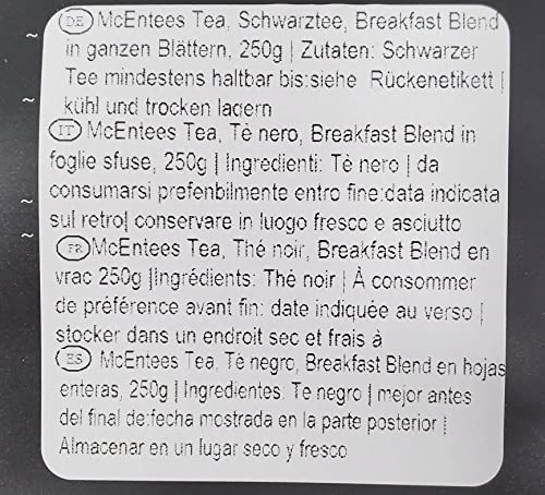 McEntee's Irish Breakfast Tea 250g / 8.81 oz Bag – BLENDED IN IRELAND - STRONG & CITRUSY - Traditional Irish Blend of Ceylon and Assam Loose Tea’s. IRELAND’S FAVOURITE