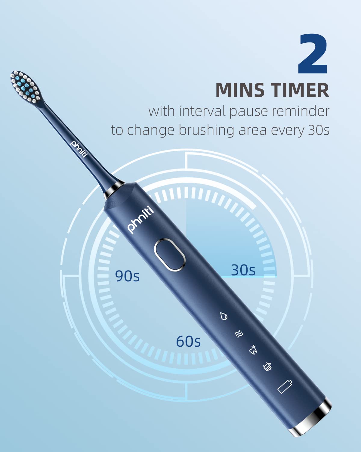 Phniti Electric Toothbrushes for Adults, Sonic Toothbrush with 8 Brush Heads,3 Hours Fast Charge,4 Modes,40,000VPM,2 Mins Timer,IPX7 Waterproof(Blue)